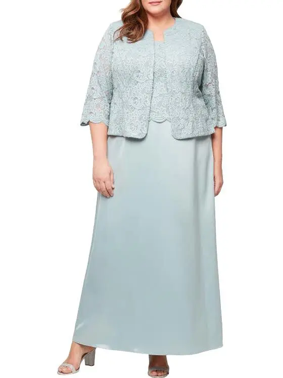 Alex Evenings Embroidered Lace Gown With Jacket - Ice Sage