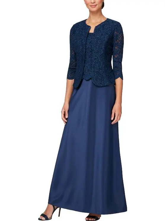 Alex Evenings Embroidered Lace Gown With Jacket - Navy
