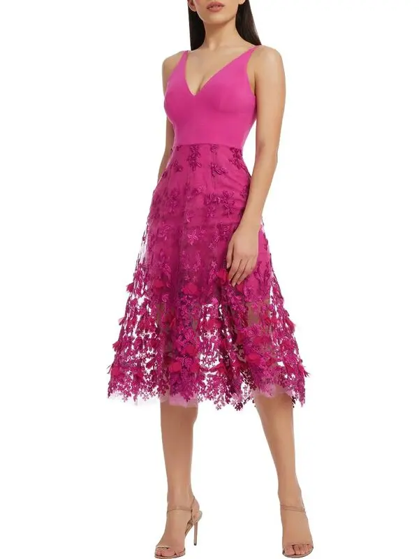 Dress The Population Darleen V-neck Embroidered Mesh Cocktail Dress - Bright Fuchsia