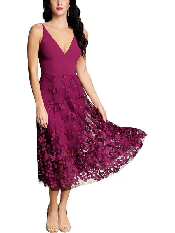 Dress The Population Darleen V-neck Embroidered Mesh Cocktail Dress - Dark Magenta