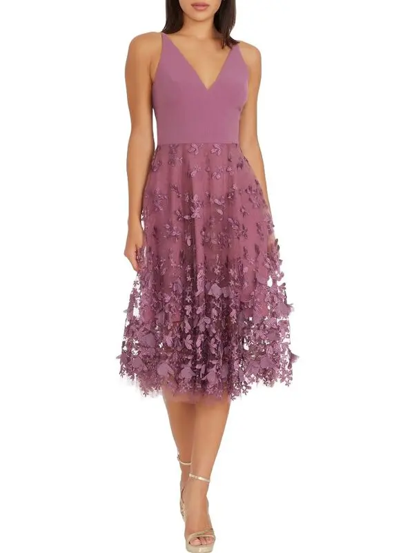 Dress The Population Darleen V-neck Embroidered Mesh Cocktail Dress - Orchid