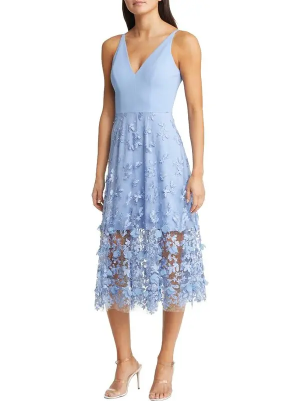 Dress The Population Darleen V-neck Embroidered Mesh Cocktail Dress - Sky