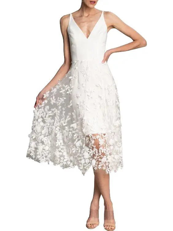 Dress The Population Darleen V-neck Embroidered Mesh Cocktail Dress - White
