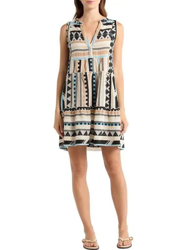 Elan Babydoll Cover-up Mini Dress - Neutral Aztec
