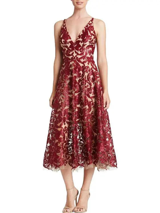 Dress The Population Blair Embellished Fit & Flare Cocktail Dress - Berry/nude