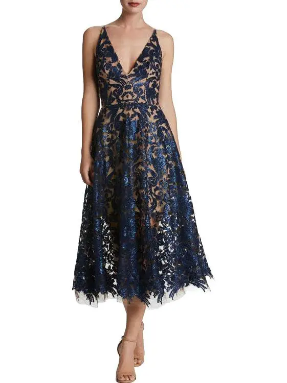 Dress The Population Blair Embellished Fit & Flare Cocktail Dress - Navy/nude