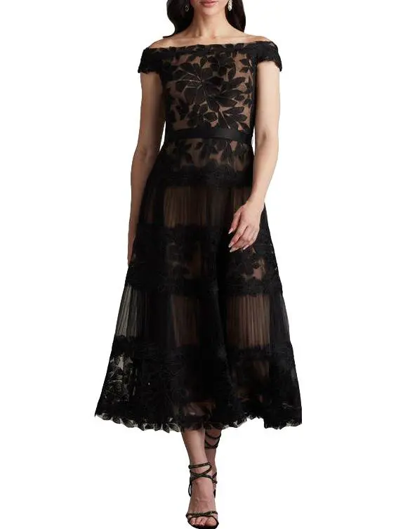 Tadashi Shoji Embroidered Off-the-shoulder Midi Dress - Black/ Nude