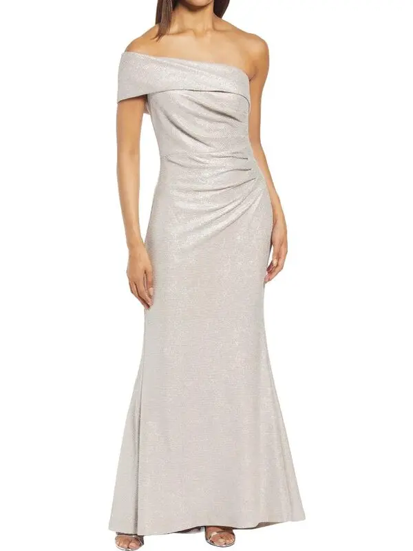 Eliza J One-shoulder Glitter Mermaid Gown - Champagne