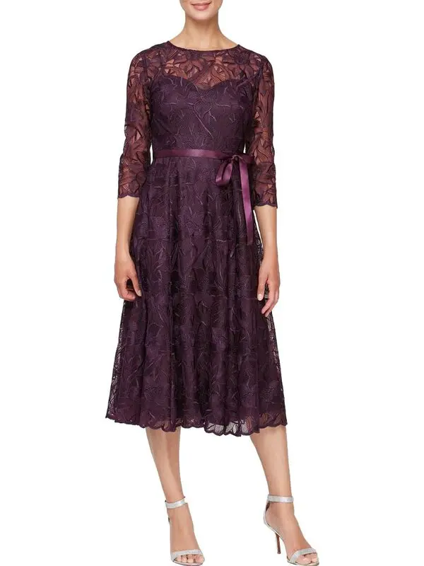 Alex Evenings Embroidered A-line Cocktail Dress - Eggplant