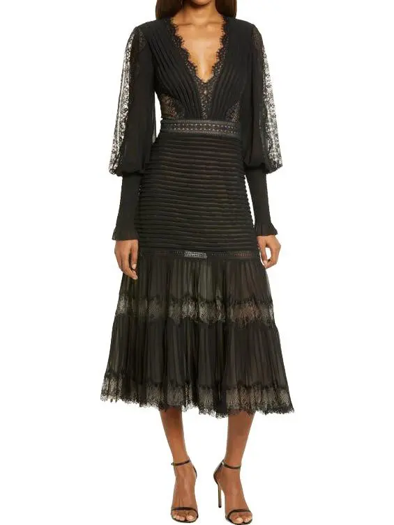 Tadashi Shoji Lace Pintuck Long-sleeve Cocktail Dress - Black/nude