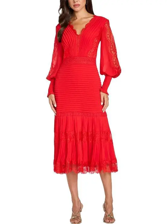 Tadashi Shoji Lace Pintuck Long-sleeve Cocktail Dress - Cherry