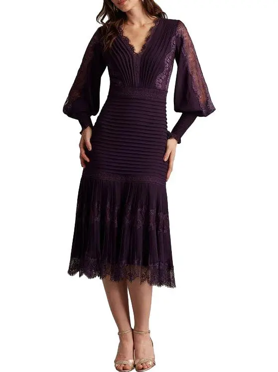 Tadashi Shoji Lace Pintuck Long-sleeve Cocktail Dress - Eggplant