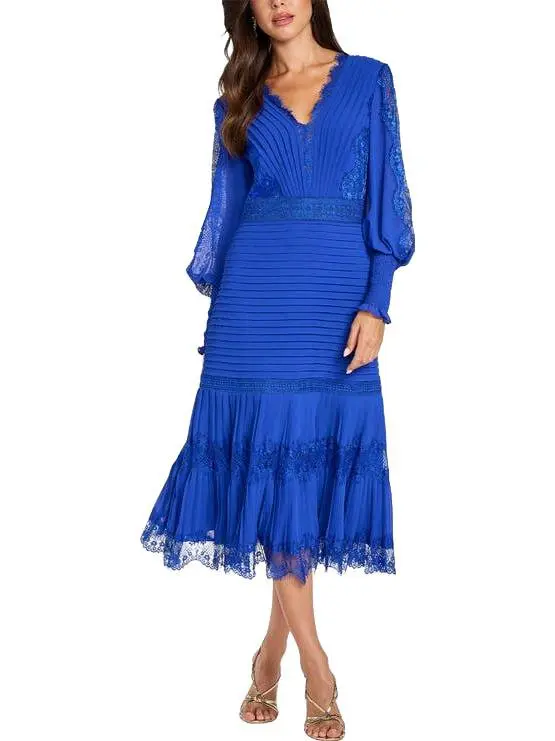 Tadashi Shoji Lace Pintuck Long-sleeve Cocktail Dress - Electric Blue