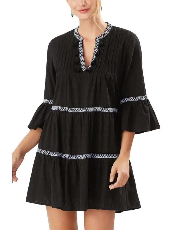 Tommy Bahama Embroidered Tiered Cotton Dress - Black