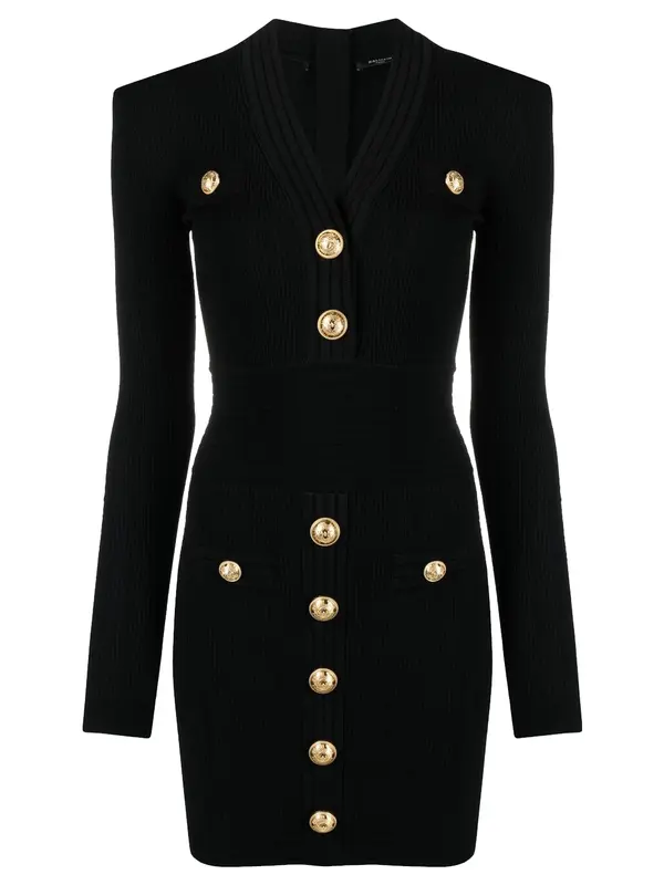 Balmain Ribbed Knit Mini Dress With Gold-tone Buttons - Black