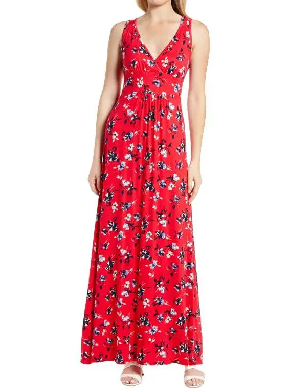 Loveappella Floral V-neck Jersey Maxi Dress - Red