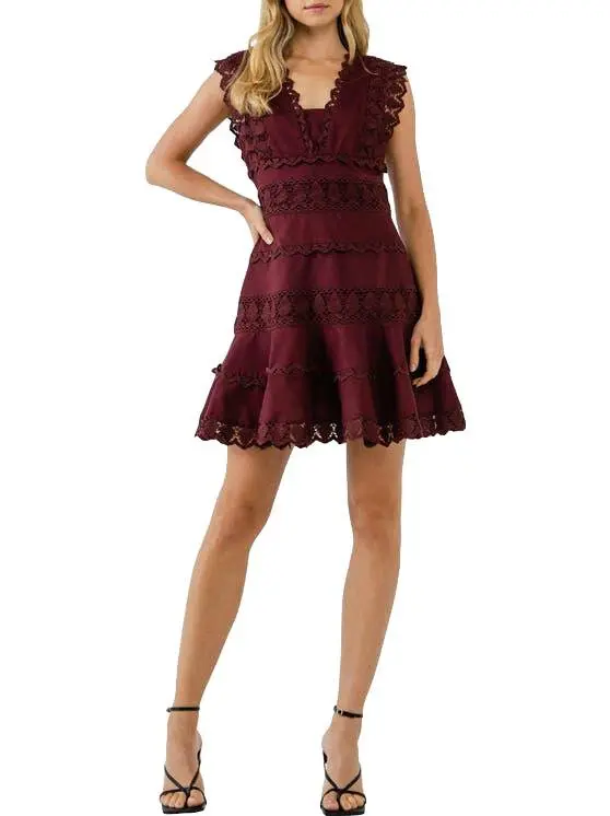 Endless Rose Plunge Neck Tiered Lace Dress - Burgundy