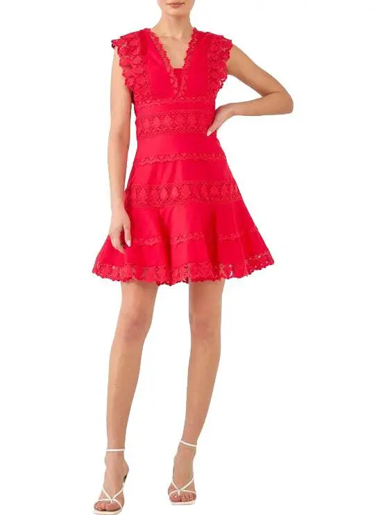 Endless Rose Plunge Neck Tiered Lace Dress - Red
