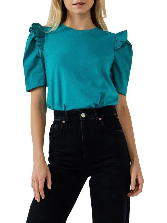 English Factory Mini Ruffle Puff Sleeve T-shirt - Teal