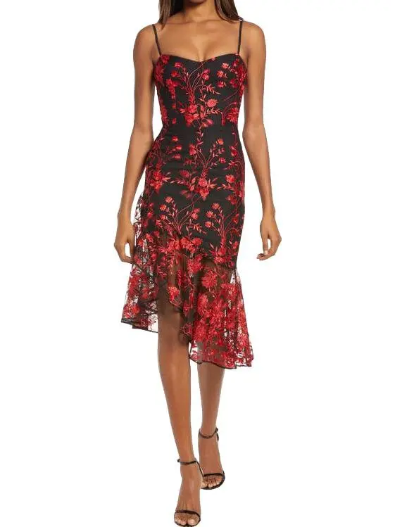 Dress The Population Cantrelle Asymmetrical Hem Cocktail Dress - Lipstick Red Multi