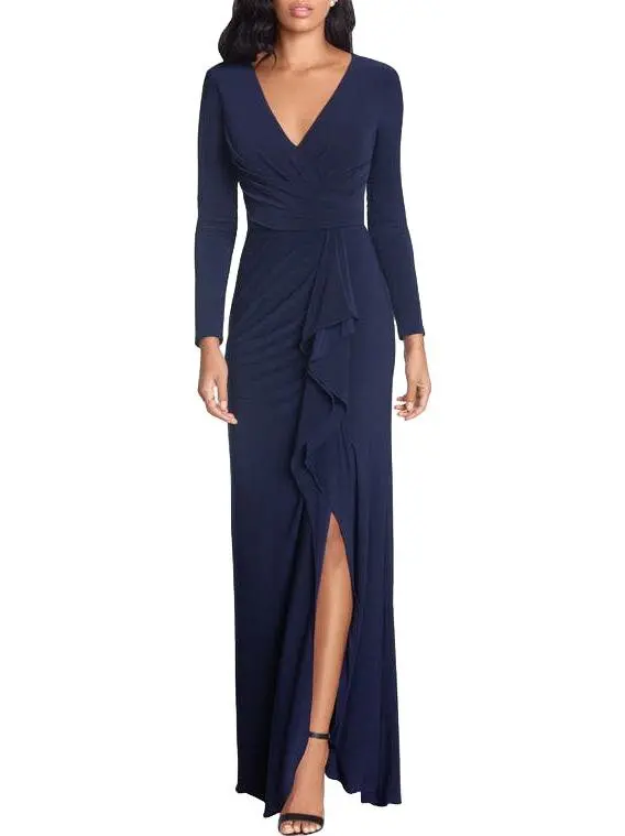 Betsy & Adam Cascade Ruffle Stretch Jersey Gown - Navy
