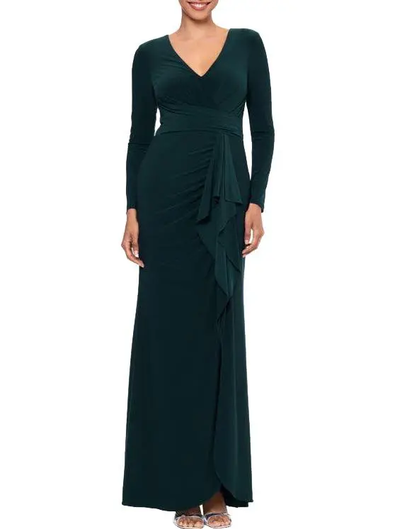 Betsy & Adam Cascade Ruffle Stretch Jersey Gown - Pine