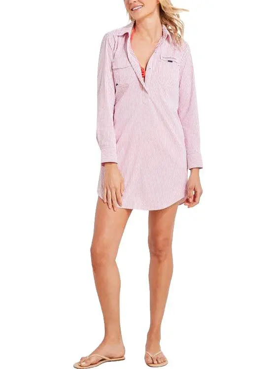 Vineyard Vines Harbor Stripe Long Sleeve Seersucker Cover-up Shirtdress - Resort Red