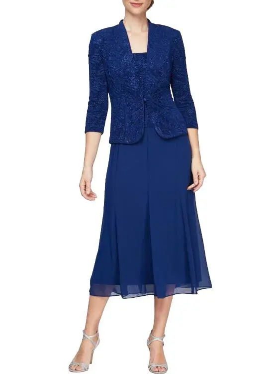 Alex Evenings Glitter Mock Two-piece Midi Dress With Jacket - Electric/blue