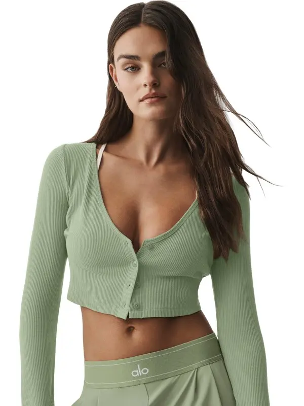 Alo Yoga Ribbed Cropped Whisper Cardigan Top - Dune Grass