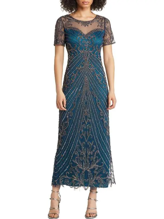 Pisarro Nights Illusion Beaded Mesh Column Gown - Cobalt 435