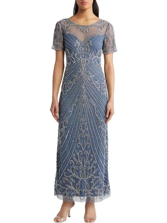Pisarro Nights Illusion Beaded Mesh Column Gown - Grey