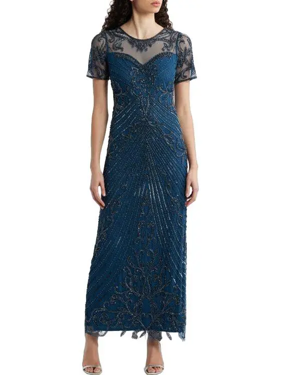Pisarro Nights Illusion Beaded Mesh Column Gown - Peacock