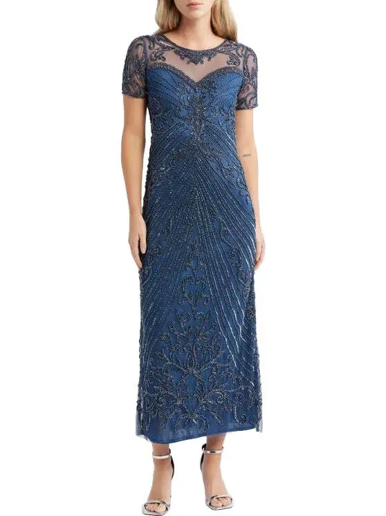 Pisarro Nights Illusion Beaded Mesh Column Gown - Petrol Blue