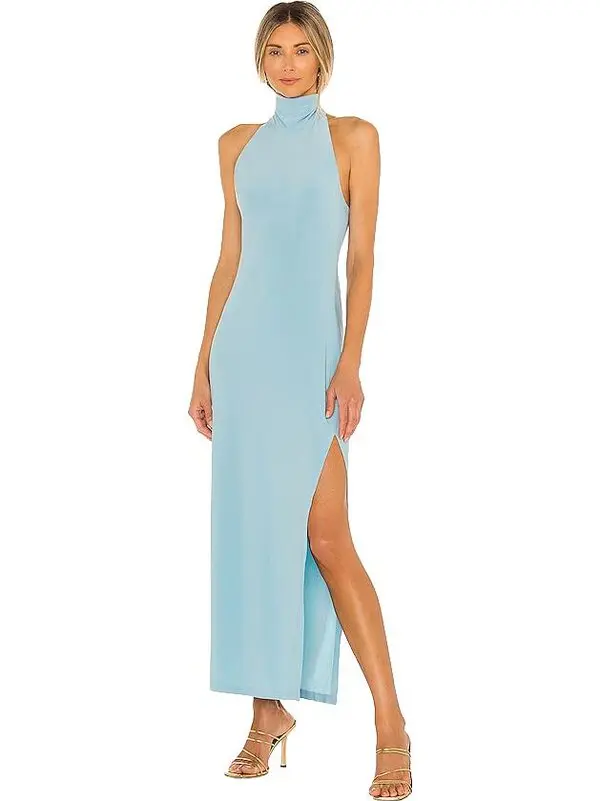 Norma Kamali Halter Turtle Side Slit Gown - Powder Blue