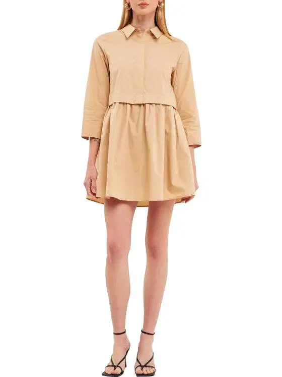 English Factory Long Sleeve Mini Shirt Dress - Taupe