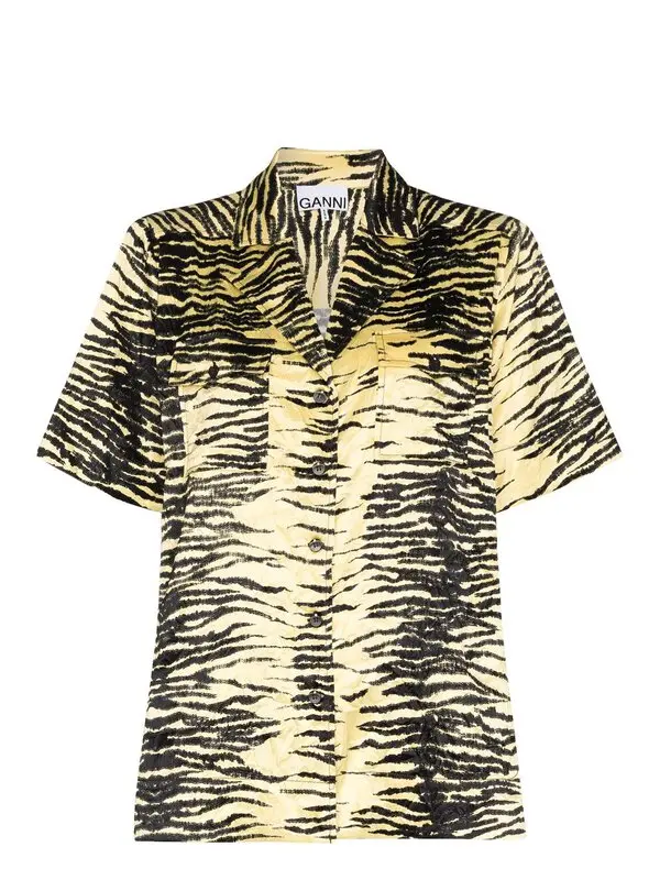 GANNI Tiger Print Notch Collar Shirt - Yellow