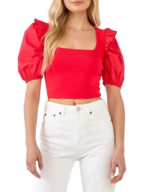 English Factory Mixed Media Puff Sleeve Crop Top - Red