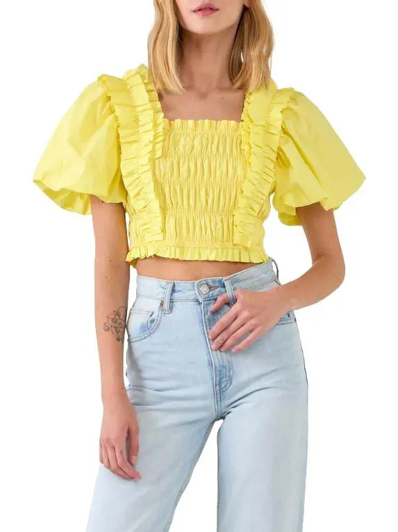 English Factory Shirred Bodice Puff Sleeve Crop Top - Yellow