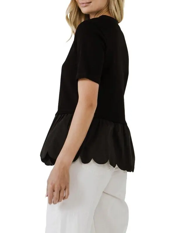 English Factory Mixed Media Scallop Peplum Top - Black