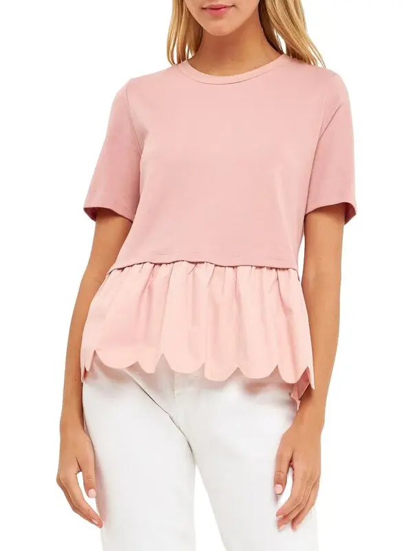 English Factory Mixed Media Scallop Peplum Top - Dusty Pink