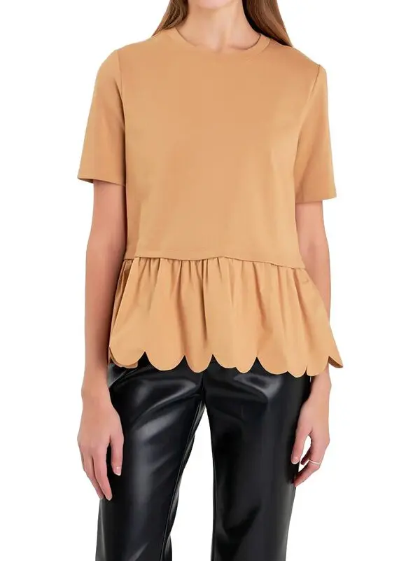 English Factory Mixed Media Scallop Peplum Top - Tan