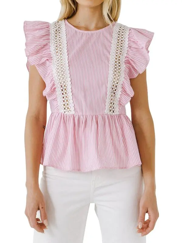 English Factory Stripe Ruffle Sleeveless Blouse - Pink White Stripe