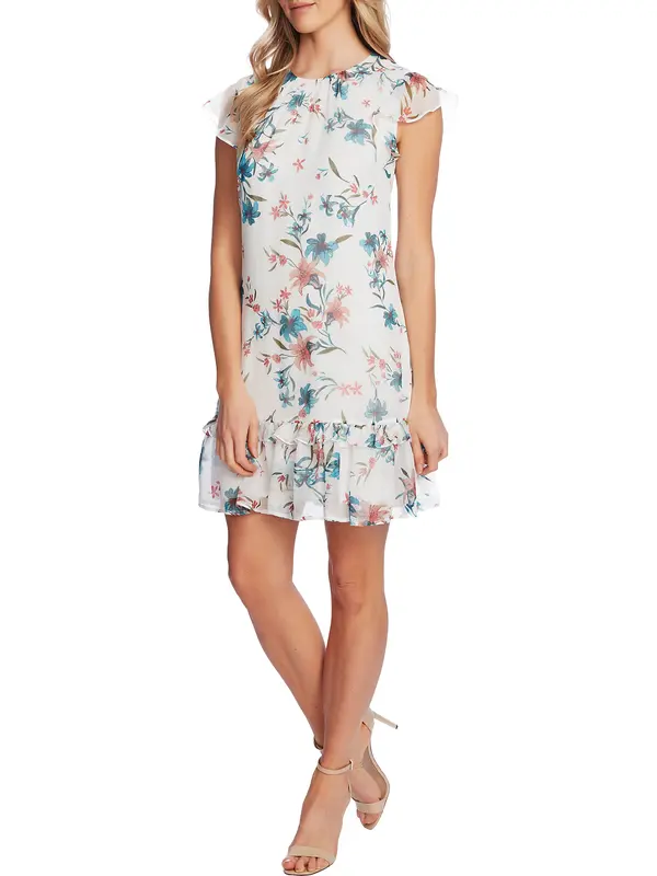 CECE DUPRAZ Floral Flutter Sleeve Shift Dress - Soft Ecru