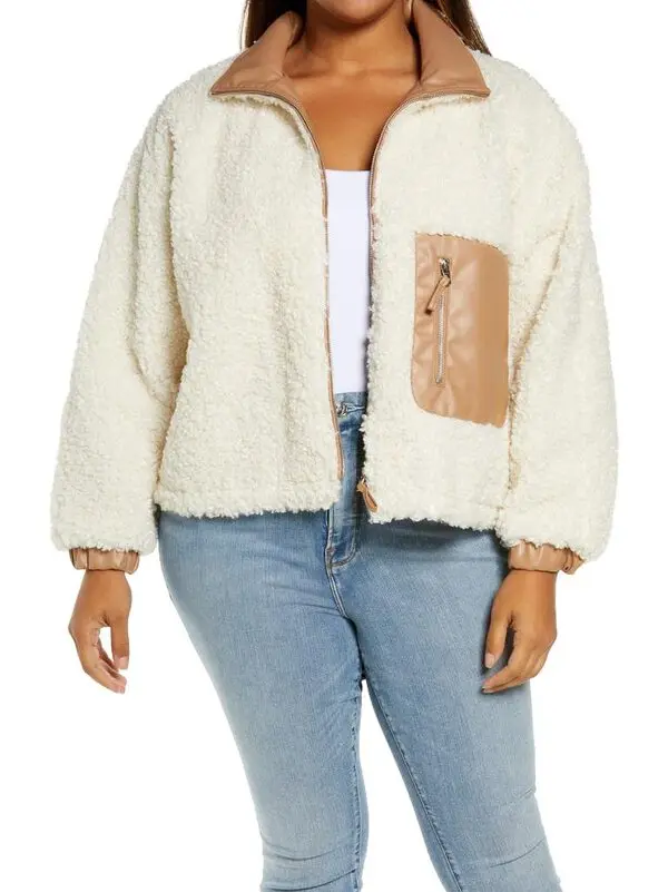 Blanknyc Faux Shearling Bomber Jacket With Faux Leather Trim - Silver Lining Cream