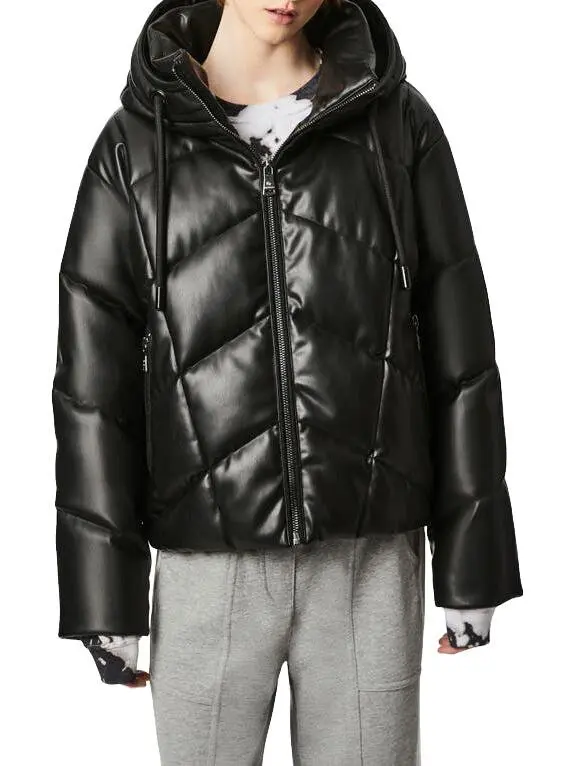 BERNIE Faux Leather Hooded Puffer Coat - Black