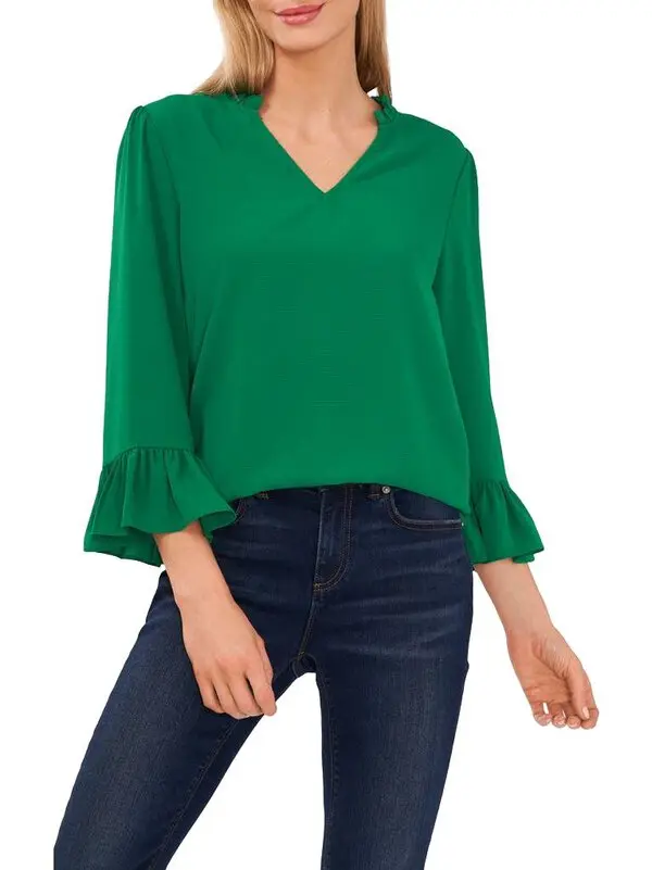 CECE DUPRAZ Ruffle Cuff Crepe Top - Green
