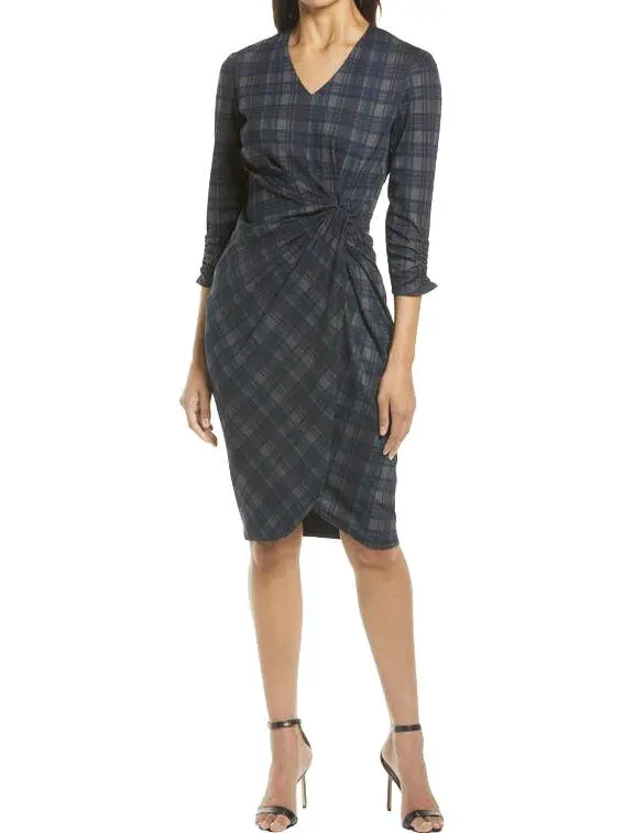 Tahari Plaid V-neck Sheath Dress - Blue Grey Combo