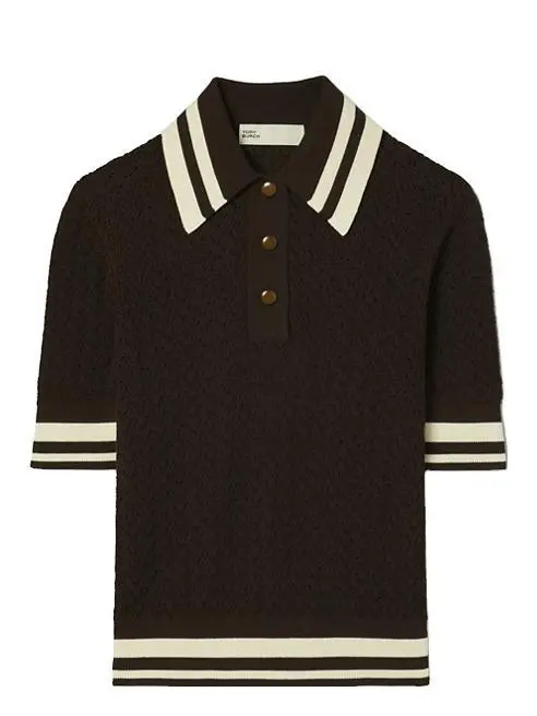 Tory Burch Cotton Pointelle Polo - Boba Brown/new Ivory