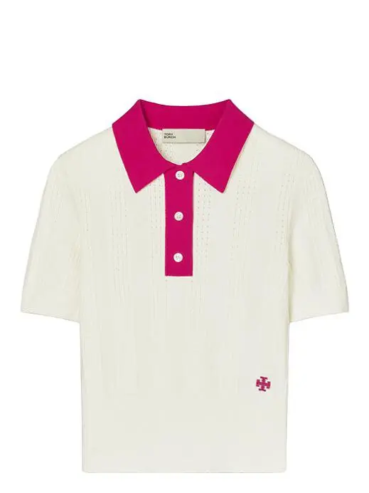 Tory Burch Cotton Pointelle Polo - New Ivory/bold Pink