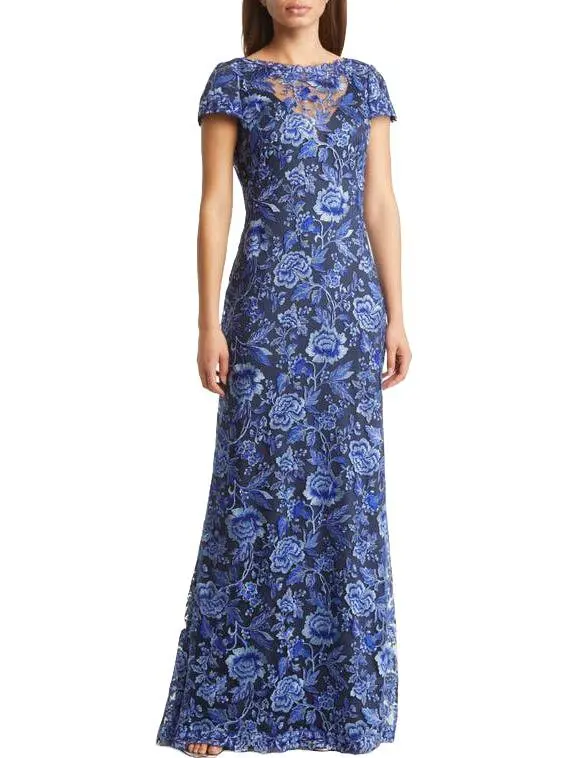 Tadashi Shoji Embroidered Lace Gown - Blue Violet/navy